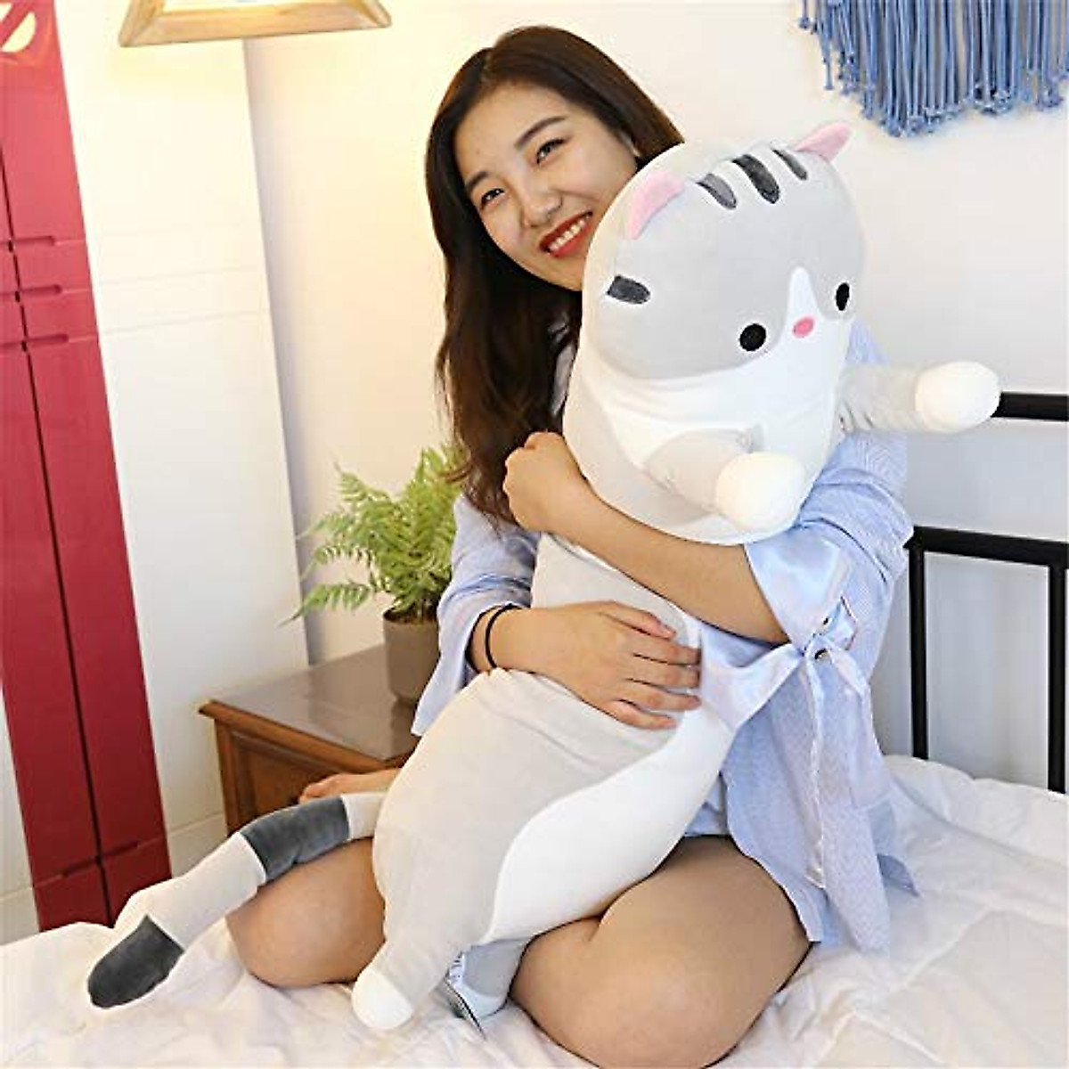 shangman Lovely Plush Cat Doll Cute Cartoon Soft Stuffed Kitten Long Throw Sleeping Pillow Toy Gift for Kids Girlfriend Multiple Size (Grey,70cm/27.5in)