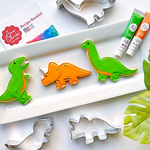 Dinosaur Cookie Cutters and Decorating 5-Pc. Set Made in USA by Ann Clark, T-Rex, Brontosaurus, Triceratops, Orange & Leaf Green Food Coloring Gel