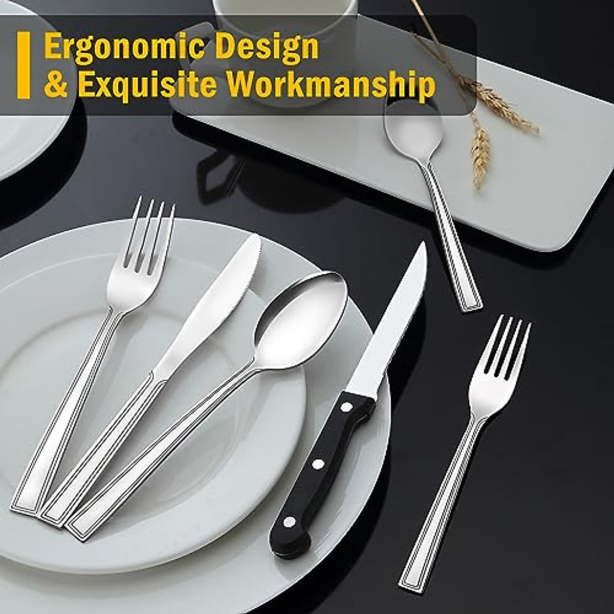 24-Piece Silverware Set with Steak Knives, Funnydin Forks and Spoons Silverware Set for 4, Food-Grade Stainless Steel Flatware Cutlery Set, Utensil Sets for Home Kitchen Restaurant, Dishwasher Safe