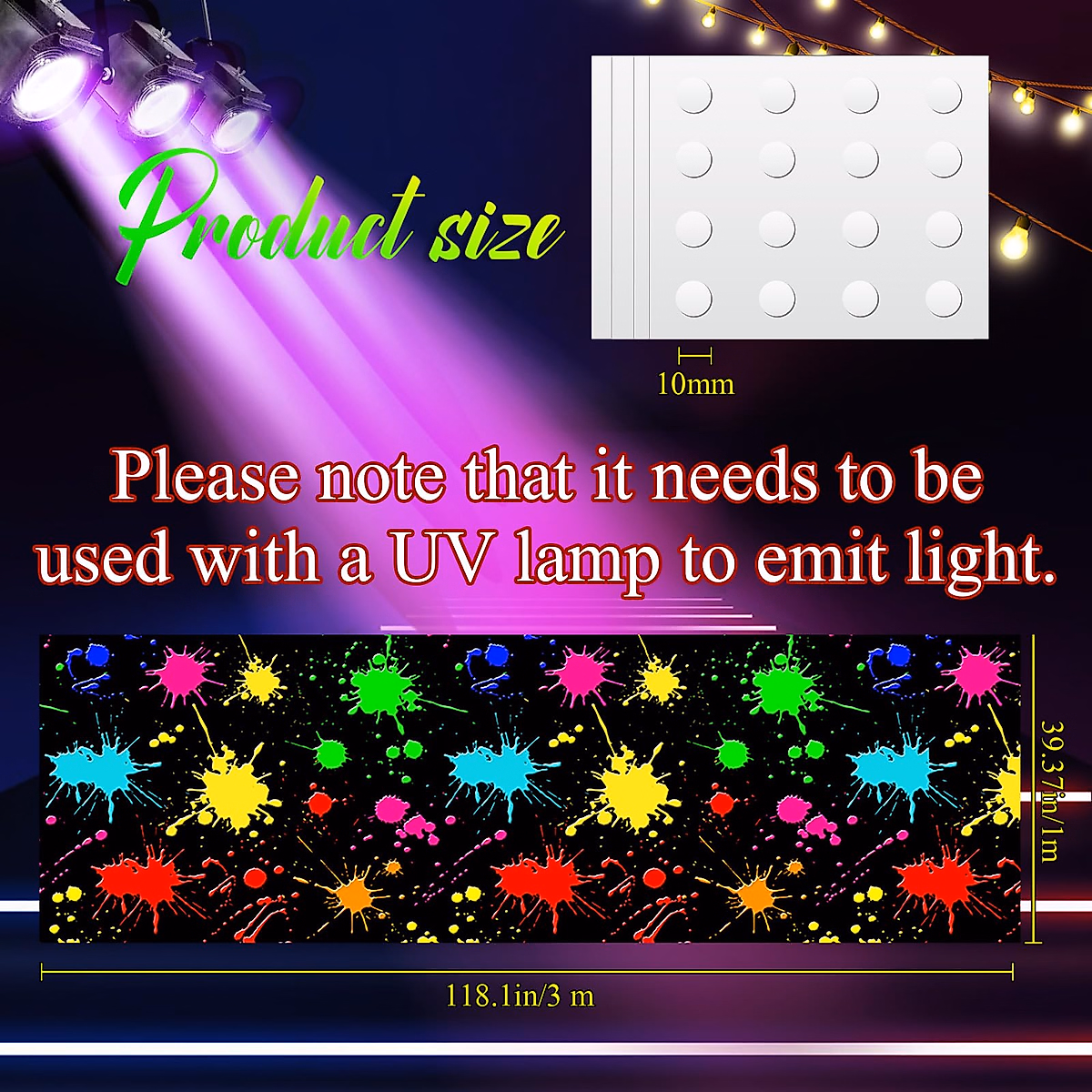 Haull 118 x 39 Inch Neon Light up Dance Floor Neon Party Decorations Blacklight Rug Glow in The Dark UV Reactive Fluorescent for Christmas Halloween Birthday Wedding Party Favors (Paint Splatter)