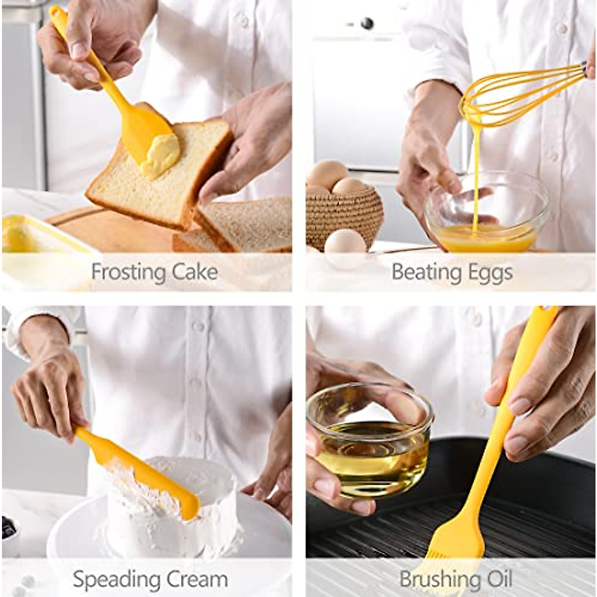 Silicone Spatula Set of 11 Kitchen Utensils with Iron Holder for Baking, Cooking, and Mixing,Cooking Spatulas Nonstick Cookware，Seamless and Flexible,Dishwasher Safe (Yellow)