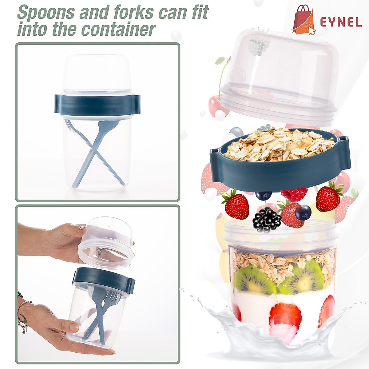 EYNEL 4 Pack On The Go 22 oz Breakfast Cups with Lids and Spoon, Reusable Cereal Yogurt Cup with Topping Plastic Overnight Oats Container for Granola Oatmeal (22 oz - 4 Pack)