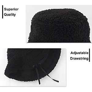 Womens Winter Bucket Hat Vintage Cloche Hats Warm Faux Fur Wool Outdoor Packable Fisherman Cap Black