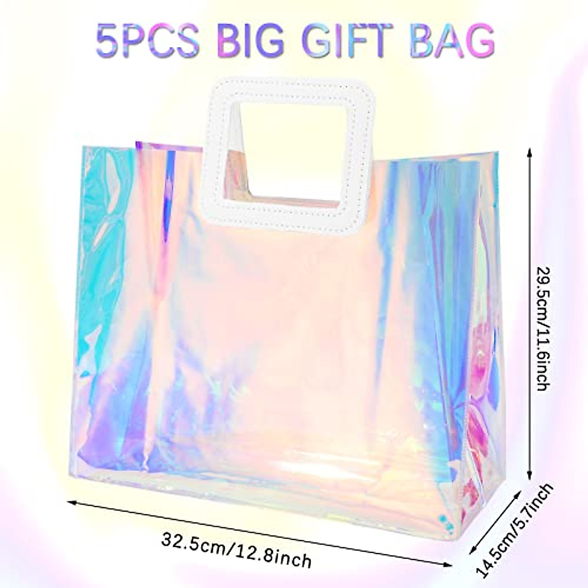 Whaline 5Pcs Large Holographic Gift Bags 12.8 x 11.6 x 5.7 Inch Iridescent Clear Reusable Tote PVC Gift Wrap Handbags Waterproof Shopping Bags for Wedding Birthday Baby Shower Party Supplies