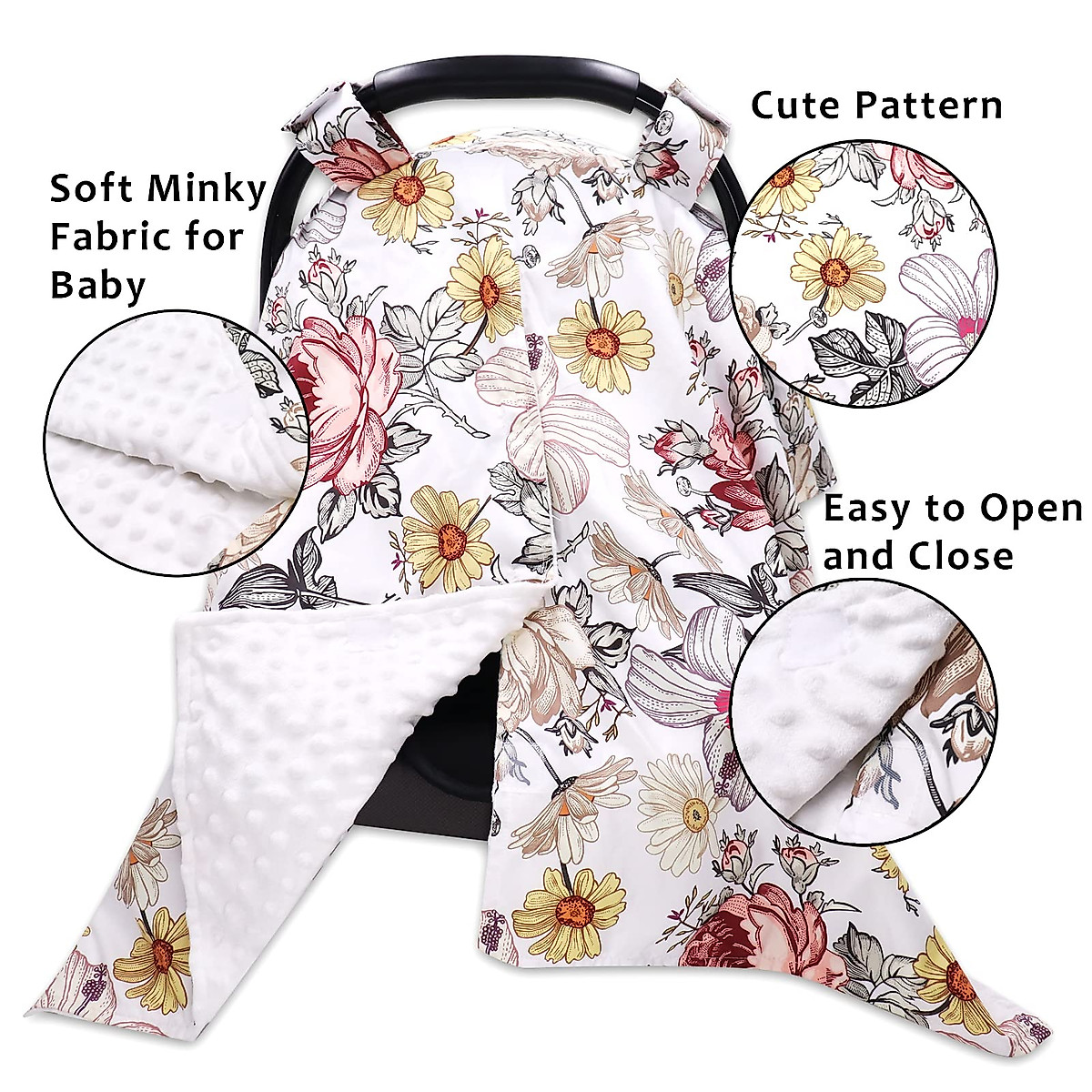 Floral Baby Car Seat Canopy Soft Plush Dotted Backing Baby Car Seat Cover Girls, Infant Carseat Canopy, Stretchy Multi- use Nursing Cover for Stroller/High Chair/Shopping Cart/Car Seat Canopies
