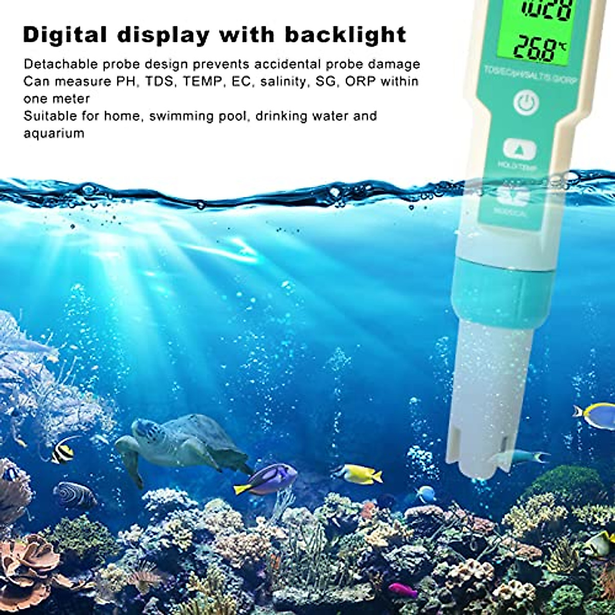 Water Quality Testing Pen, Multifunctional PH TDS Temperature EC Salinity SG ORP Handheld Detachable Probe Digital Water Quality Meter for Aquaculture