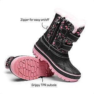 DREAM PAIRS Boys Girls Snow Boots Water-Resistant Outdoor Sport Warm Cozy Anti-Slip Cute Ankle Winter Shoes for Toddler/Little/Big Kid,Size 1 Little Kid,Black/Pink,DUCKO
