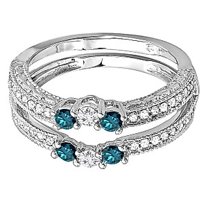 Dazzlingrock Collection 0.60 Carat (Ctw) Round Blue & White Diamond Contour Double Guard Enhancer Wedding Ring for Her in 10K White Gold, Size 6.5