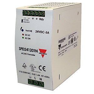 CARLO GAVAZZI SPD241201N DIN Rail Mount Switching Power Supply, 63.2 mm Wide, 90-264 VAC or 210-370 VDC Supply Voltage, Adjustable 24 VDC, 5 amp, 120 W Output, 86% Efficiency, PFC and Parallel Output Function, Power Ready Output, IP20 Cover, Diagnostic LE