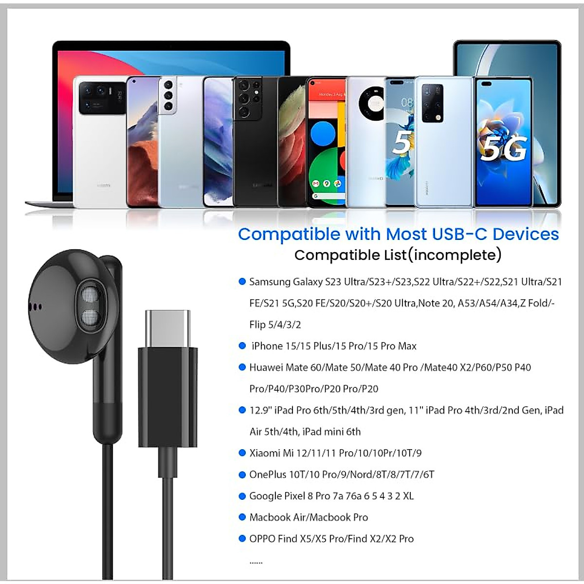 USB C Headphones for iPhone 16 15 Pro Max Plus iPad Pro USB C Earphones with Microphone Volume Control USB C Wired Earbuds USB Type C Earphone for Google Pixel 8 7 6A 5 Samsung S24 S23 S22 S21 S20 A55