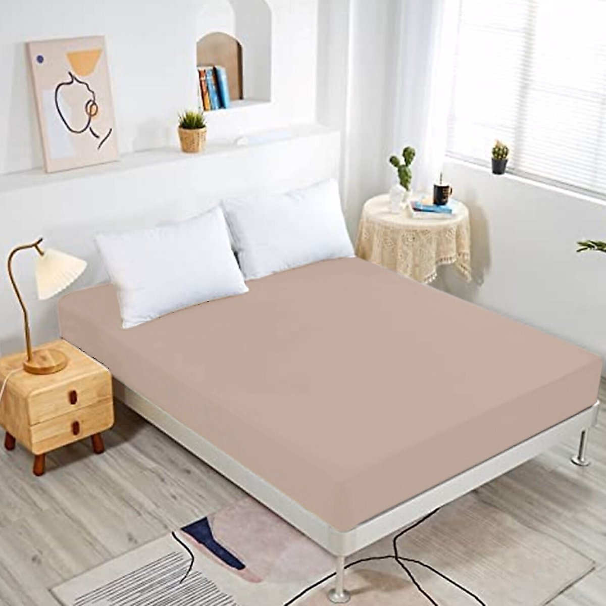 NHNHN Fitted Sheet-Deep Pockets-Soft Microfiber-Easy Care-Shrinkage and Fade Resistant-Fitted Sheets Queen Size for Girl Woman Teens Kids-Only 1 Fitted Sheet Queen Beige