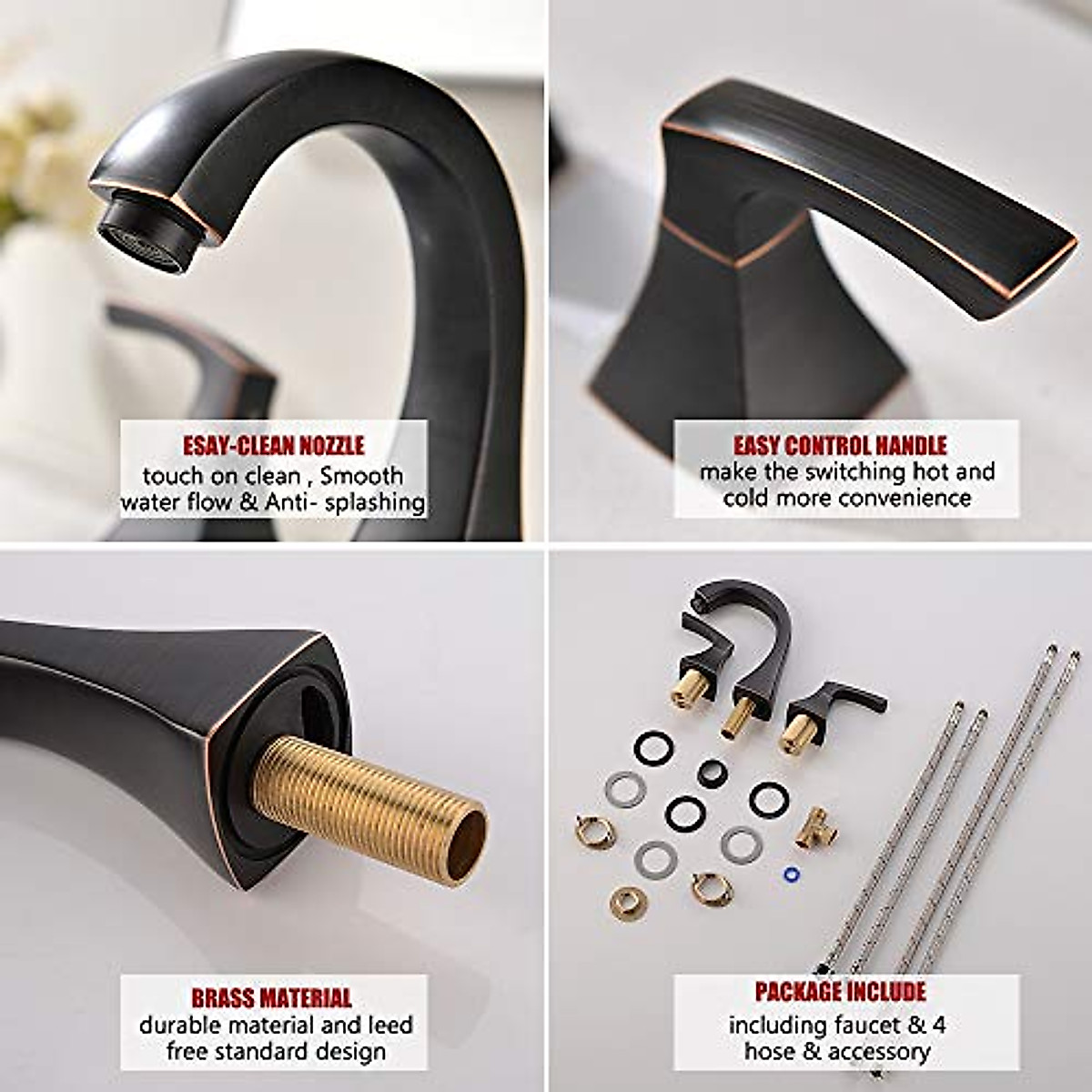 VAPSINT Antique Widespread Lead-Free Three-Hole Oil-Rubbed Bronze Bathroom Faucet, Two Handle Bathroom Vanity Sink Faucets with Stainless Steel Water Hoses