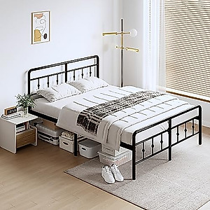 DiaOutro Classic Metal Platform Queen Bed Frame with Headboard and Footboard, 16 Inch No Box Spring Needed Heavy Duty Victorian Style Iron-Art Mattress Foundation/Under Bed Storage