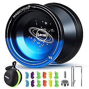 MAGICYOYO Responsive V6 Black Blue Aluminum YoYo for Kids Beginner Learner with 1 Yoyo Storage Bag, 1 Unresponsive Bearing Kit, 12 Yoyo Strings