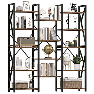 IDEALHOUSE Triple Wide 5 Tier Book shelf, Tall Bookshelf with Open Display Shelves, Industrial Large Bookshelves and Bookcases with Metal Frame for Living Room, Bedroom, Home Office-Rustic Brown