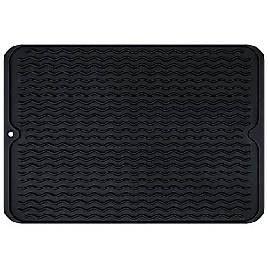 Rainspire Dish Drying Mats For Kitchen Counter, Silicone Dish Mat Drying Kitchen Mat, Food Grade Silicone Sink Drying Mat, Quick Dry Slip Resistant Kitchen Mats, 16x12inch, Black