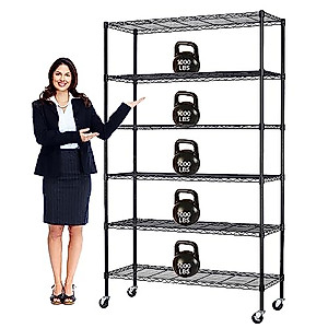 Storage shelves, 6-Tier Wire Shelving Unit NSF Certified Storage Rack 18"D x 48"W x 78"H 6000Lbs Capacity Adjustable Layer Heavy Duty Metal Rack Steel with Casters for Kitchen Garage Pantry Black