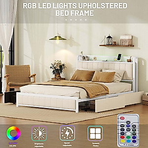 Queen Size Bed Frame with LED Headboard, Metal and Upholstered Platform Bed with Charging Station and 4 Drawers Storage, No Box Spring Needed, Beige