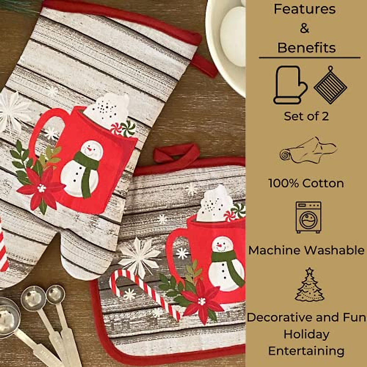 Elrene Home Fashions Jolly Holiday Cocoa and Candy Cane Holiday Oven Mitt and Pot Holder Gift Set of 2, 100% Cotton