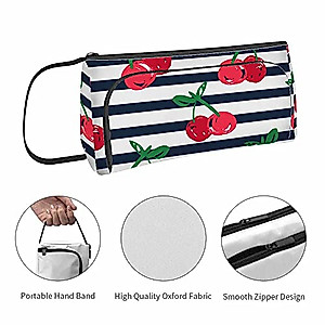 Nicokee Stripes Cherry Pencil Case Fruit Berry Leaf Nature Plant Pencil Pouch Cosmetic Bag for School Office Travel