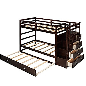 Solid Wood Twin Over Twin Bunk Bed, Trundle Bunk Beds with 4 Storage Drawers, Staircase and Safety Guard Rail, No Box Spring Needed (Espresso)