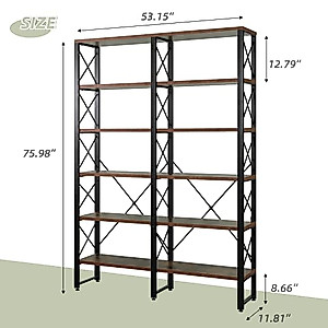 MELLCOM Double Wide 6-Tier Bookshelf, Industrial Open Large Bookcase, Wood and Metal Tall Bookshelves for Living Room Bedroom Office, Rustic Brown
