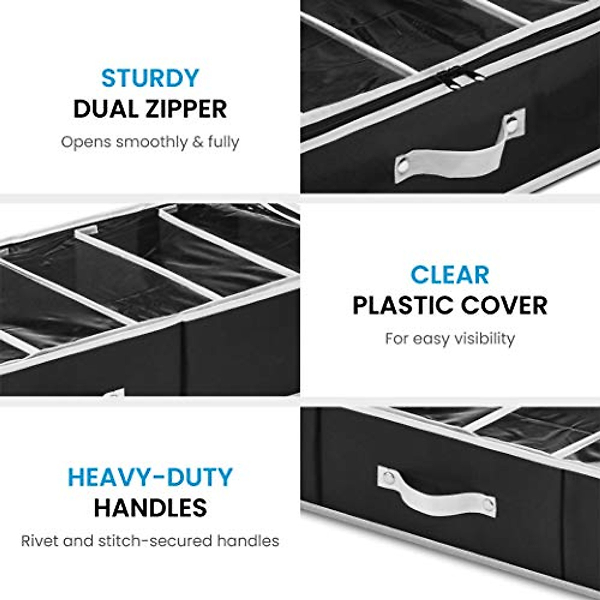 ZOBER Under Bed Shoe Storage Organizer (8 Pairs) Under Bed Storage for Shoes, Customizable Slots for Boots, Clothes Blanket/Comforter Underbed Shoe Storage Containers with Handles (Black)