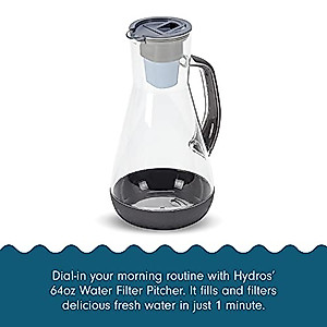 Hydros Water Filter Pitcher - 64 oz Water Pitcher - Powered by Fast Flo Tech - Dishwasher Safe - 60 Second Quick Fill-Up - BPA Free Water Filter - 8 Cup Capacity - Grey