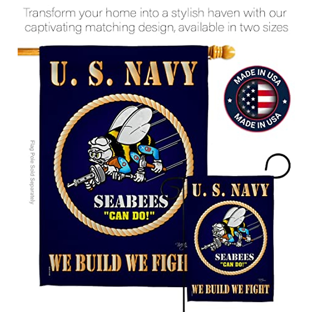 Breeze Decor Sea Bees House Flag Armed Forces Navy USN Seabee United State American Military Veteran Retire Official Decoration Banner Small Garden Yard Gift Double-Sided, 28" x 40", Made in USA