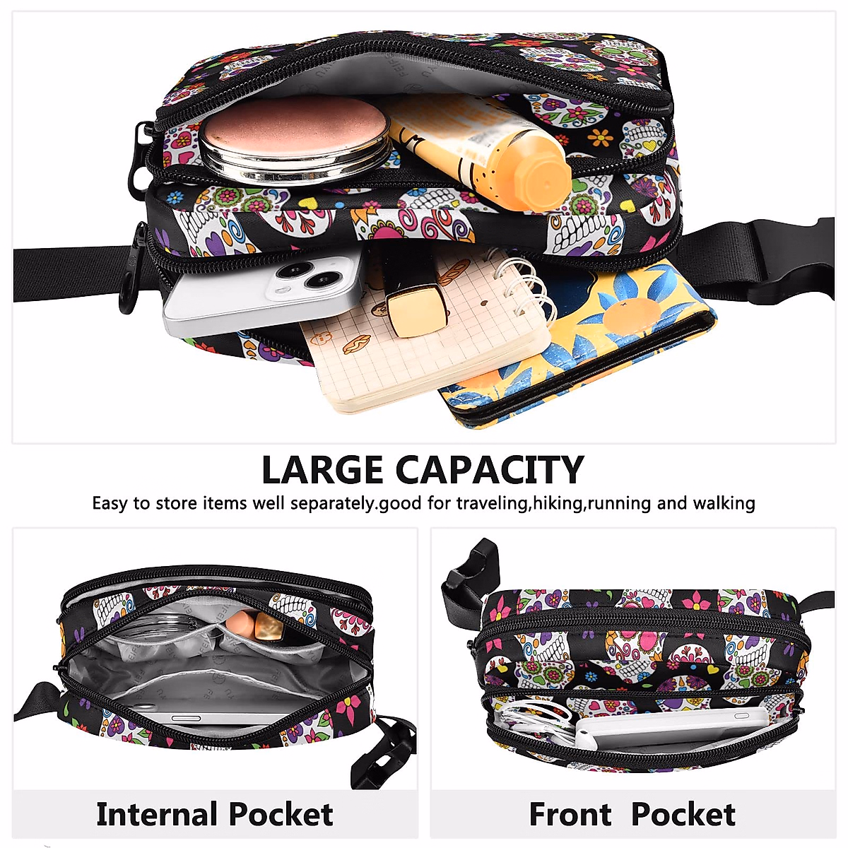 Day Of The Dead Sugar Skull Fanny Pack for Women Men Belt Bag Crossbody Waist Pouch Waterproof Everywhere Purse Fashion Sling Bag for Running Hiking Workout Walking Travel