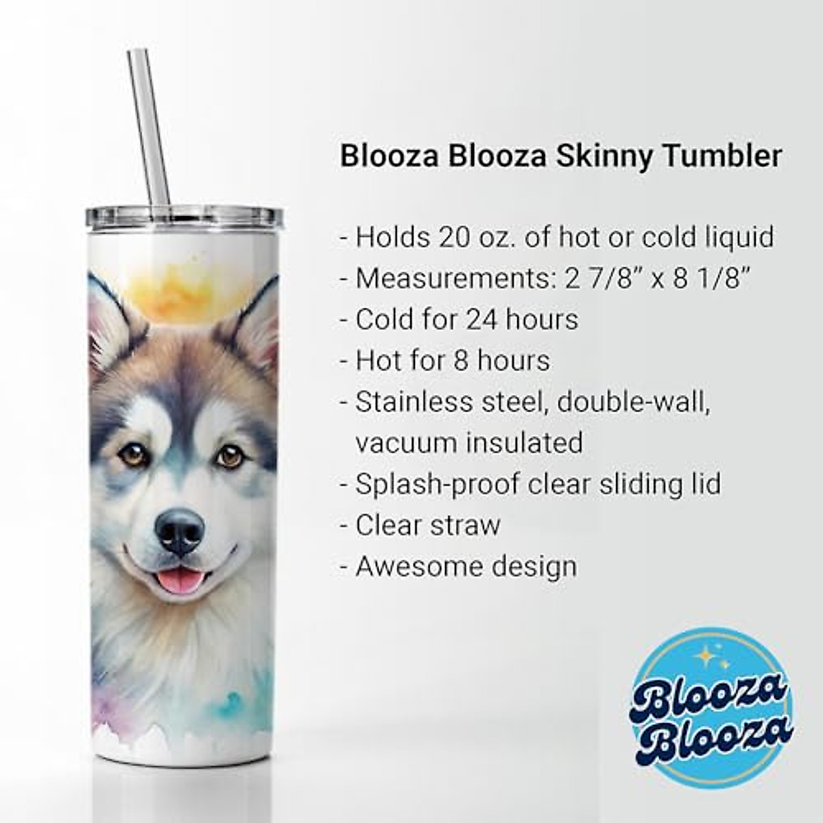 Pomsky Dog Watercolor Style Skinny Tumbler 20oz with Straw Insulated Water Bottle Gift