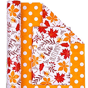 WRAPAHOLIC Reversible Autumn Wrapping Paper - Mini Roll - 17 Inch X 33 Feet - Maple Leaf and Orange Polka Dots Autumn Design for Fall Celebrating, Holiday, Party