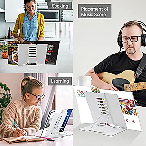 Honagu Book Stand Metal Desk Book Holder, Book Holders for Reading Hands Free, Adjustable Cookbook Documents Holder, Portable Bookstand for Music Books, Textbook, Recipe,Tablet, Ipad (White)