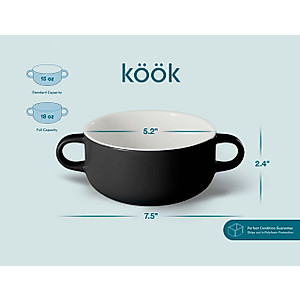 Kook Soup Crocks, Ceramic Bowls, Broil, Oven, Microwave and Dishwasher Safe, with Handles, For Casserole, Pasta, Cereal, 18 oz, Set of 4 (Black)
