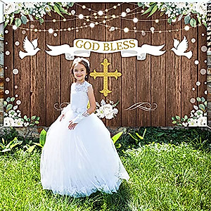 God Bless Baptism Backdrop First Holy Communion Party Decorations Christening Ceremony Newborn Baby Shower Banner Rustic Wood White Floral Ribbon Photography Background Decor Supplies 71 x 43 Inch