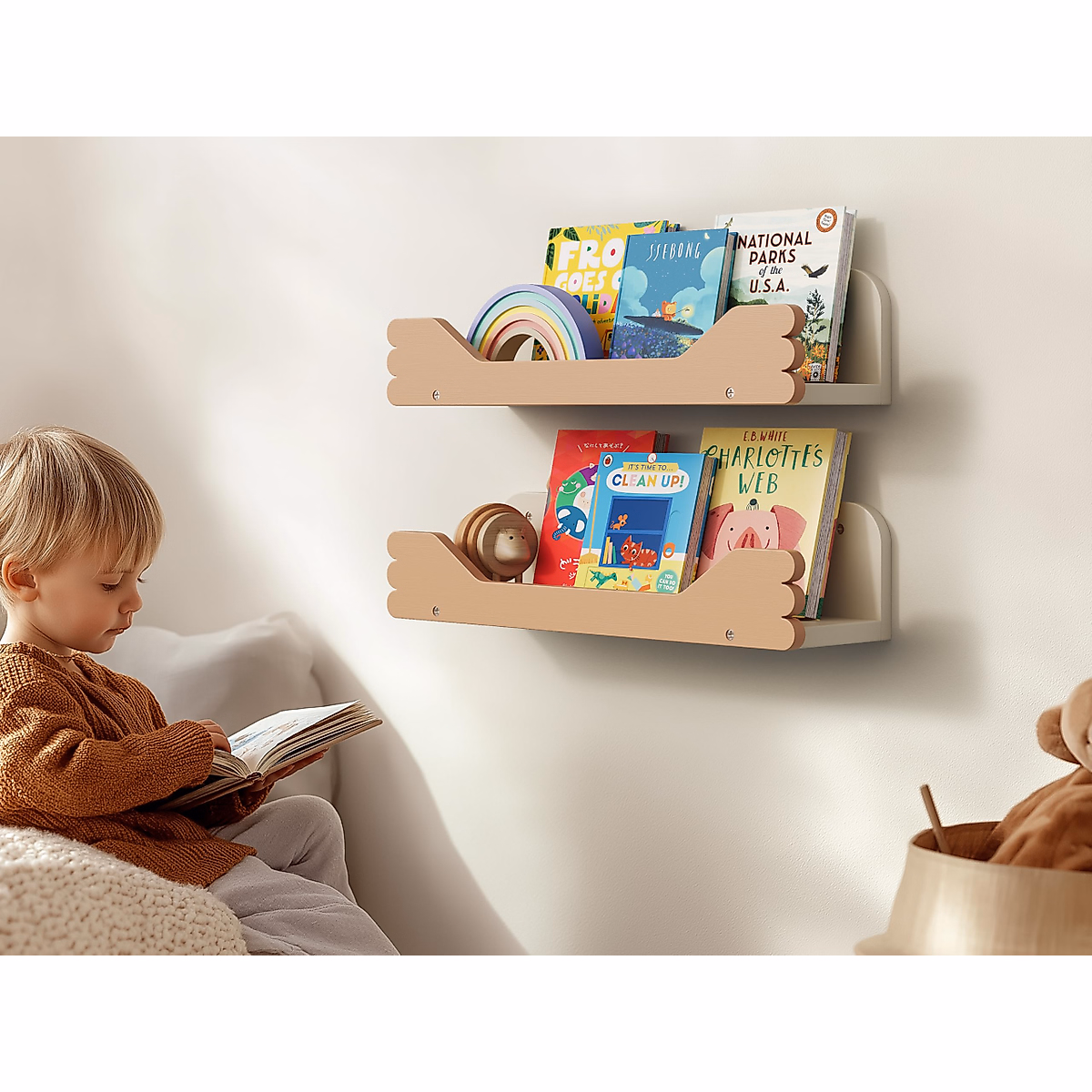 TomVista Nursery Floating Shelves, 16.5 Inches Cute Decorative Shelf for Bedroom, Kids' Room, Wall Mounted Wood Bookshelf Organizer for Wall Storage, White/Sandy Beige, Set of 3