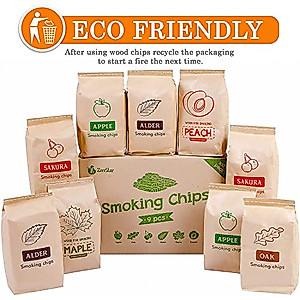 Zorestar Wood Smoking Chips for Smoker 9 pcs Variety Pack of Oak | Alder | Cherry | Apple Chips for Smoking and Grilling Plus Bonus e-Book