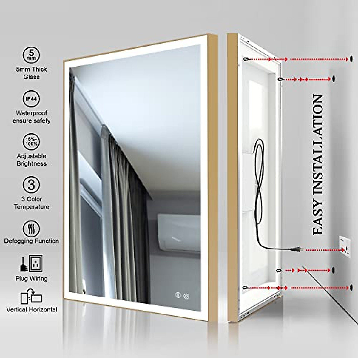 LED Lighted Bathroom Mirror 24 x 36 Inch, Champagne Gold Framed Wall Mounted Dimmable Vanity Mirror, Anti-Fog Touch Sensor, Adjustable Color Warm/White/Natural