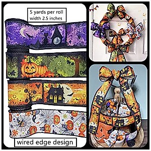4 Rolls 2.5 Inches Halloween Wired Ribbons for Craft-20 Yards Orange Black Purple Halloween Ribbon,Pumpkin Spiders Castles Cobwebs Bats Witches Printed Ribbon for Wreath Decor Bow Making Home Decor
