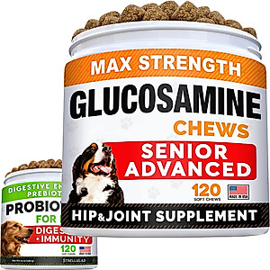 Senior Advanced Glucosamine Joint Supplement + Probiotics for Picky Eaters Bundle - Hip & Joint Pain Relief + Allergy, Diarrhea - Digestive Enzymes, Prebiotics + Omega-3, Chondroitin, MSM - 240 Chews