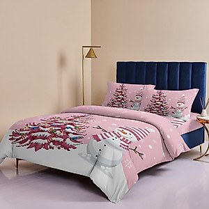 Christmas Winter Snowman Snow Duvet Cover Sets 4 Piece Twin Ultra Soft Bed Quilt Cover Set for Kids/Teens/Women/Men,Xmas Tree Snowflakes on Pink Bedding Collection All Season Use