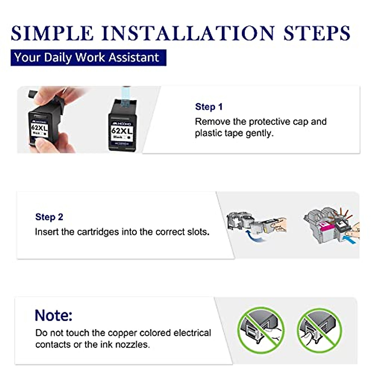 62XL Ink Cartridges Replacement for HP 62XL Ink Cartridge Combo Pack for HP Envy 5540 5640 5660 7640 7645 OfficeJet 5740 5745 8040 OfficeJet Mobile 250 200 Printer (1 Black, 1 Tri-Color)