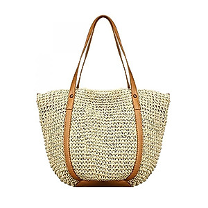 Gets Handmade Beach Bag for Women Straw Bag Handwoven Natural Summer Shoulder Bag (Beige)