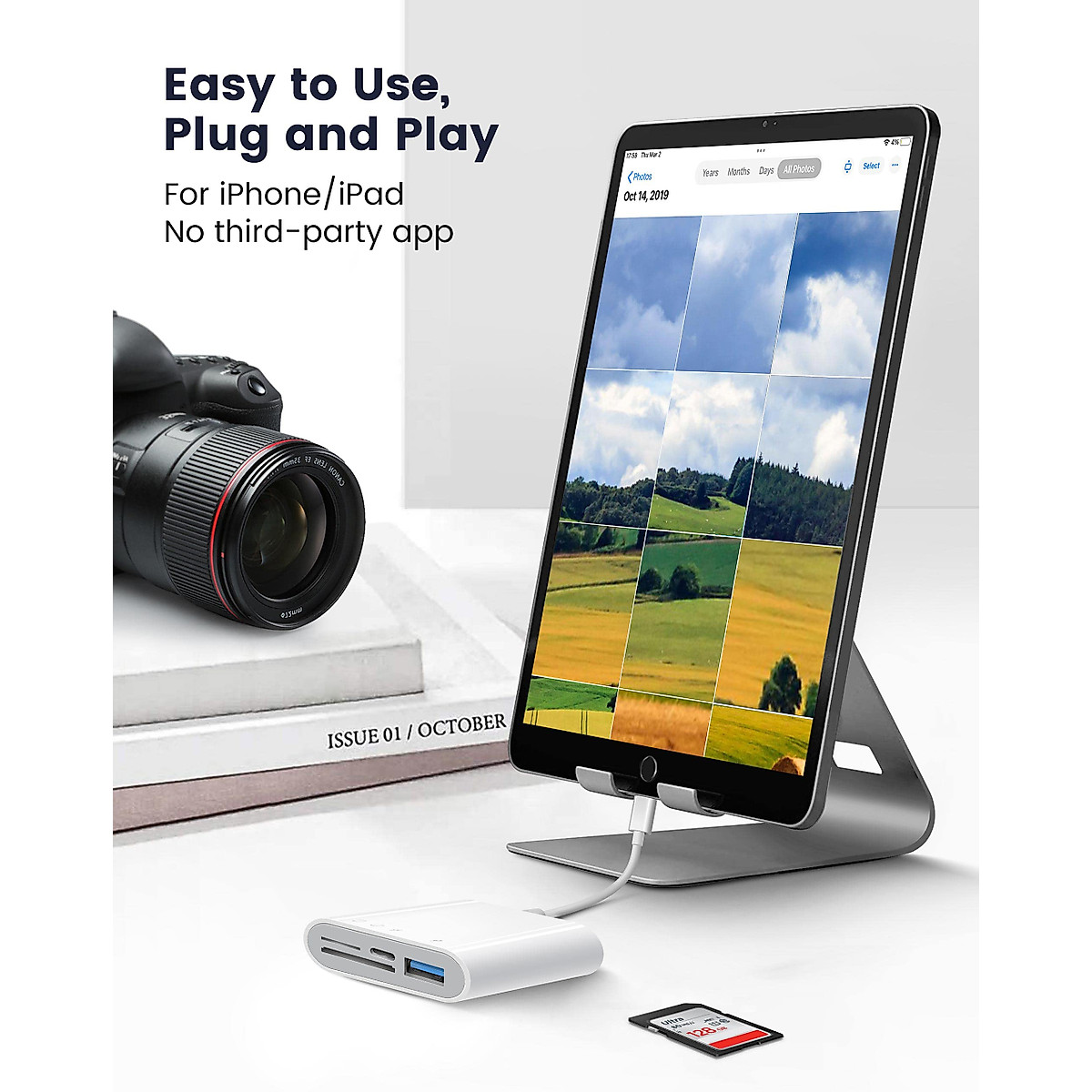 SD Card Reader for iPhone iPad, 4 in 1 Micro SD/SD Card Reader to iPhone Adapter, SD Card Viewer with TF/SD Dual Slot, Portable Camera Memory Card Reader for iPhone with Charging Port, Plug and Play