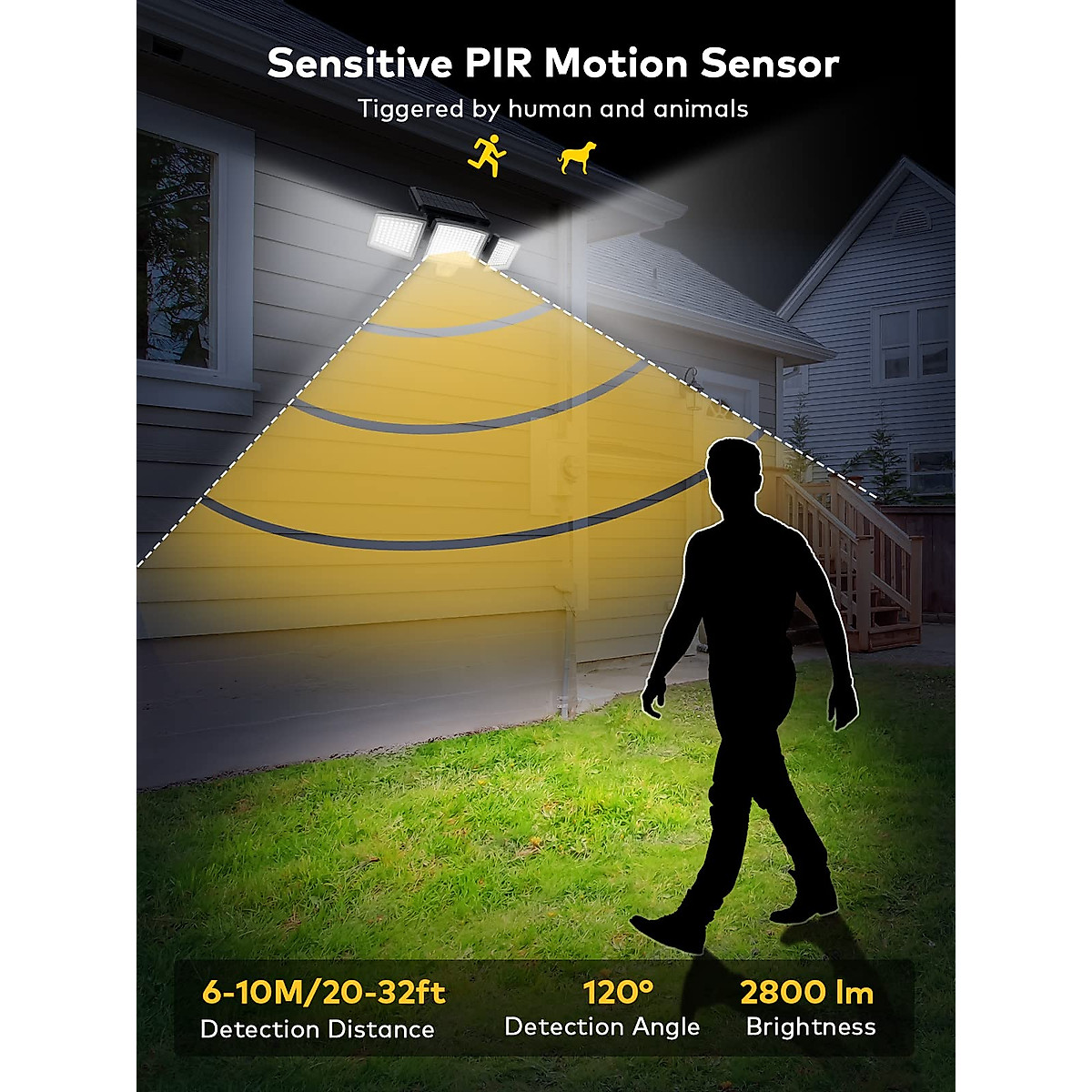 Atronor Solar Wall Security Flood Lights, 265 LED 2800LM with Motion Senor, Outdoor, Remote Control, 3 Lighting Modes, 3 Heads, 270° Wide, IP65 Waterproof, 2 Packs