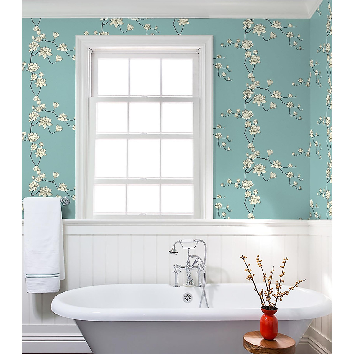 GloryTik Peel and Stick Wallpaper Blue Beige Floral Contact Paper Self Adhesive Removable Waterproof Wall Paper for Bedroom Bathroom Cabinets Room Walls 17.3" x 118"