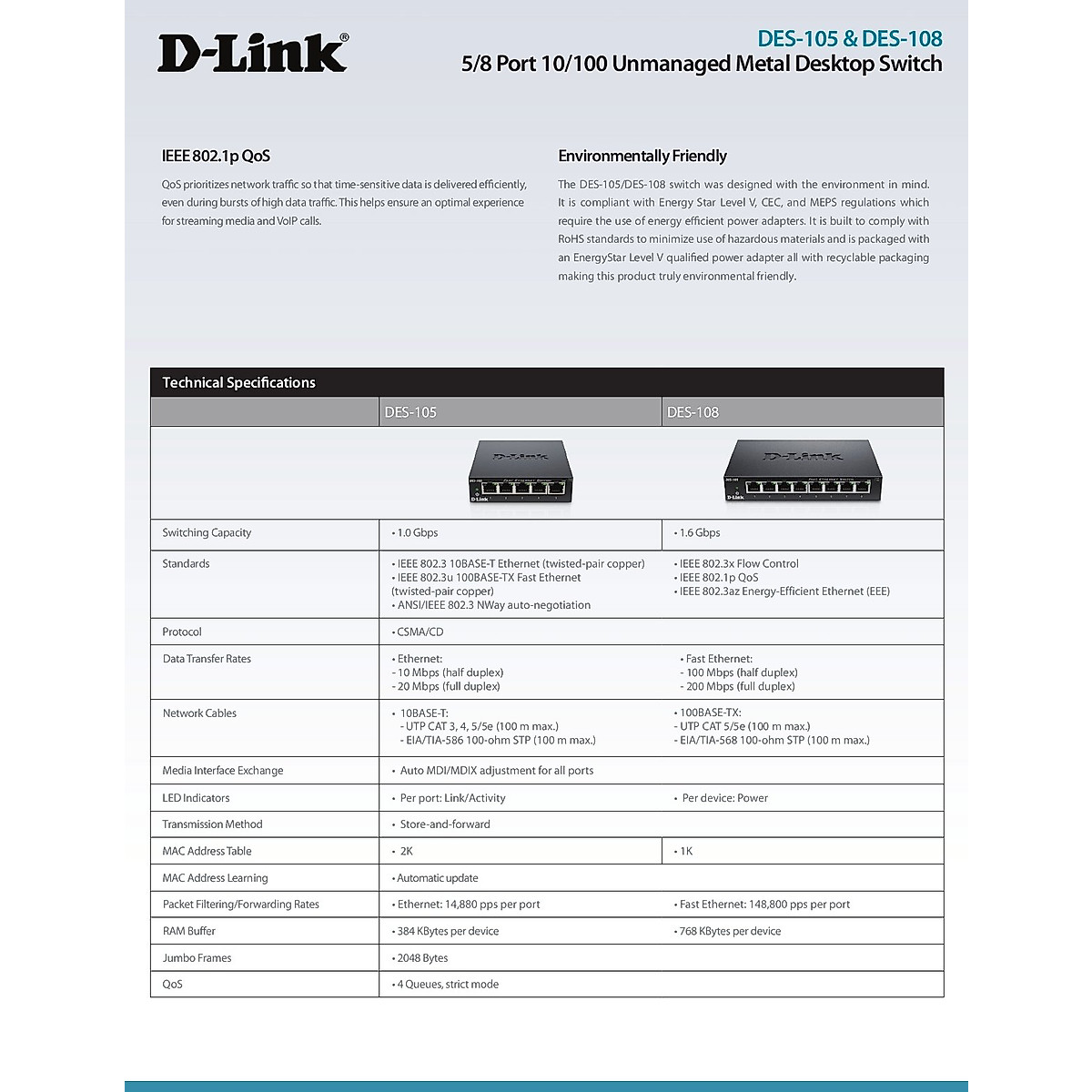 D-Link Fast Ethernet Switch, 8 Port Unmanaged Metal Fanless Desktop Network Internet (DES-108), Black