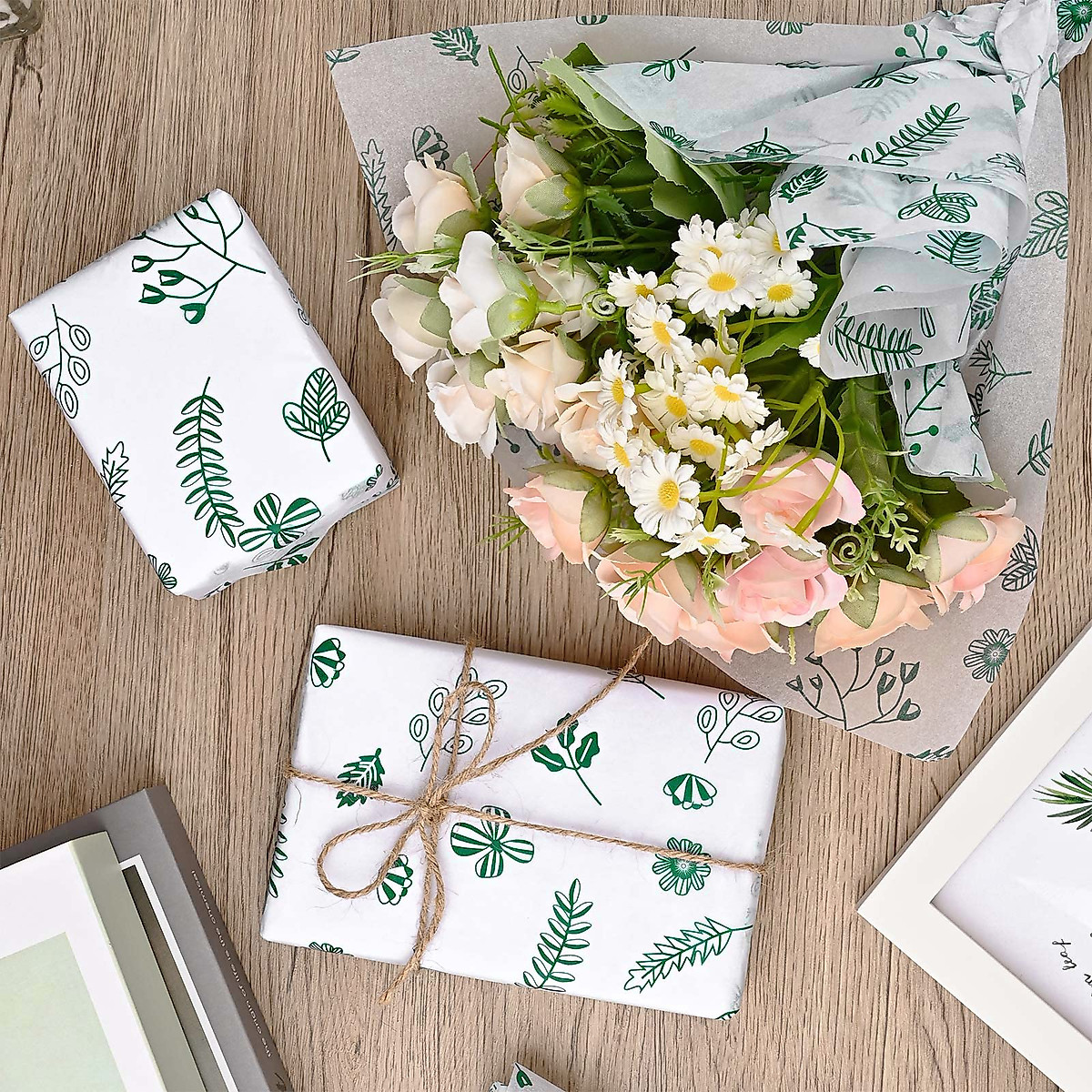 Bolsome 100 Sheets 20 * 14 Inches Greenery Tissue Paper, Botanical Gift Wrapping Tissue, Green Leaves Decorative Tissue Paper for Jungle Safari Party Baby Bridal Shower Birthday Wedding Decor