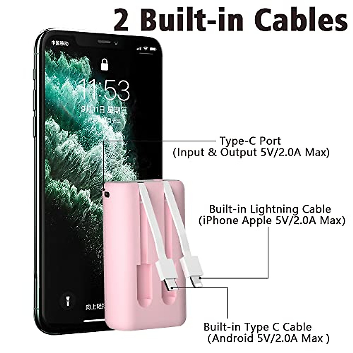 BOANV 12000mAh【2023 Upgraded】 Mini Lightweight Portable Battery Charger with 2 Built-in Cables (Type C, iOS), Fast Phone Charging Battery Pack Power Bank Portable Charger (Pink)