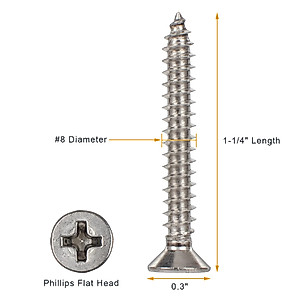 Jigreat #8 x 1-1/4" Stainless Steel 304 (18-8) Flat Head Phillips Wood Screws 50pcs Solid Stainless Screw